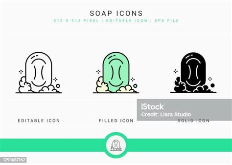 비누 아이콘은 솔리드 아이콘 라인 스타일로 벡터 일러스트레이션을 설정합니다 거품 거품 발포성 개념 0명에 대한 스톡 벡터 아트 및 기타 이미지 Istock