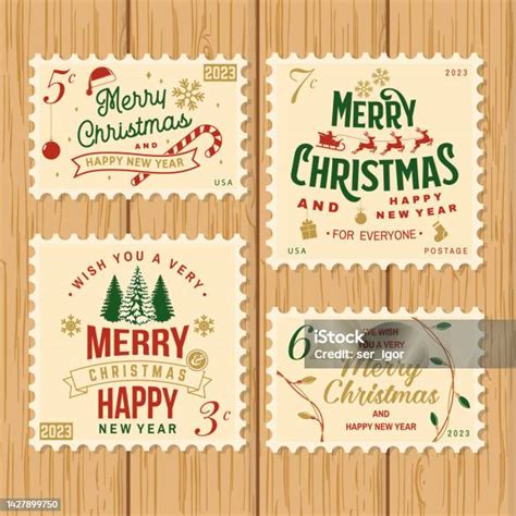 메리 크리스마스와 2023 해피 뉴 이어 복고풍 우표 세트와 눈송이 눈사람 산타 클로스 사탕 달콤한 사탕 벡터 Xmas를위한 빈티지 타이포그래피 디자인 새해 엠블럼