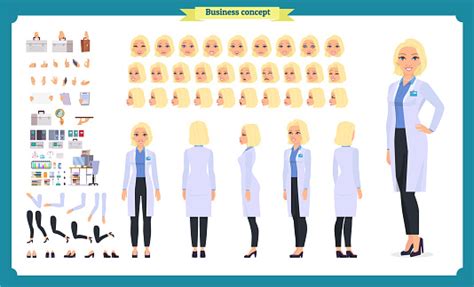 과학자 캐릭터 생성을 설정합니다 여자는 실험에서 과학 실험실에서 작동합니다 전체 길이 다른 보기 감정 몸짓 당신의 자신의 디자인을 구축 합니다 만화 평면 스타일