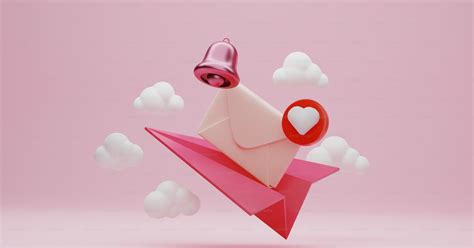 읽지 않은 메시지 사랑과 알림 벨 아이콘이 있는 봉투 아이콘은 분홍색 배경에 종이비행기가 있는 발렌타인 데이 인사를 위한 사랑 이메일을 제공하여 메일을 보냅니다 3d