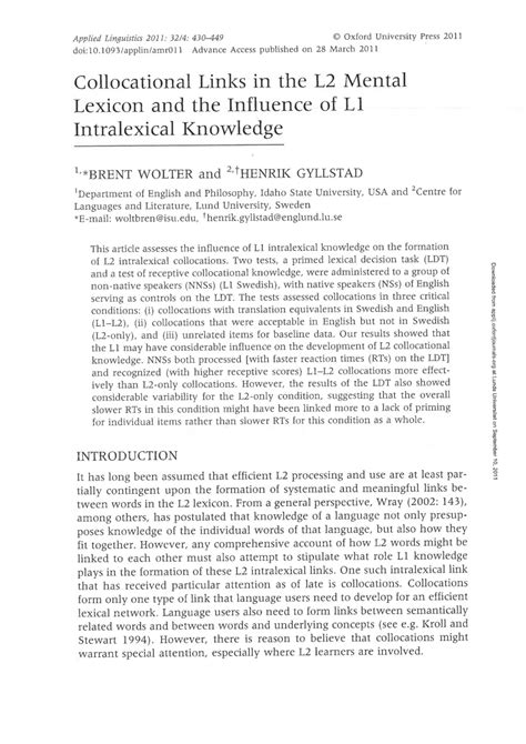 Pdf Collocational Links In The L2 Mental Lexicon And The Influence Of L1 Intralexical Knowledge