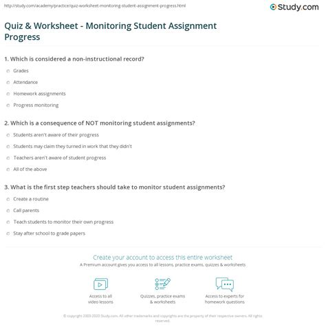 Quiz And Worksheet Monitoring Student Assignment Progress
