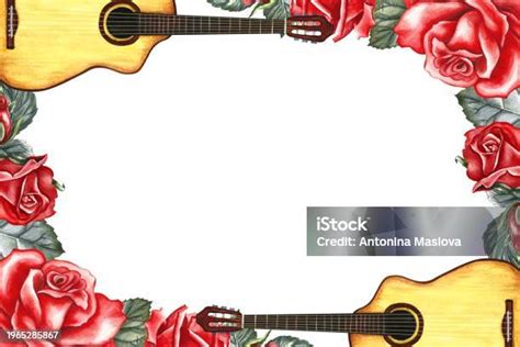 프레임은 기타와 빨간 장미로 음악적입니다 수채화 일러스트는 손으로 그린 것입니다 포스터 전단지 초대장용 인사말 카드 및 인증서용 0명에 대한 스톡 벡터 아트 및 기타 이미지