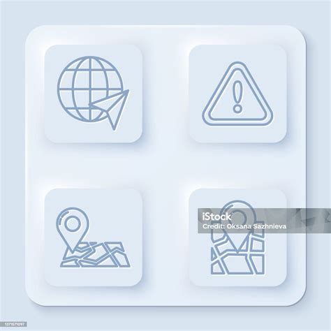 전 세계의 줄 위치 설정 삼각형의 느낌표 위치 마커가 있는 접힌 맵 및 위치 마커가 있는 접힌 맵을 설정합니다 흰색 정사각형 버튼 벡터 0명에 대한 스톡 벡터 아트 및 기타