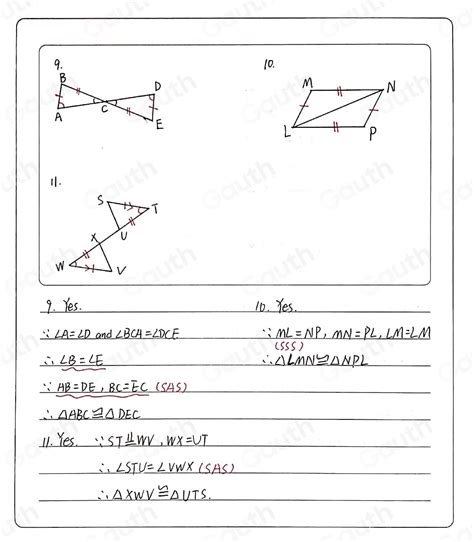 solved for exercises 9 11 are the triangles congruent explain 11