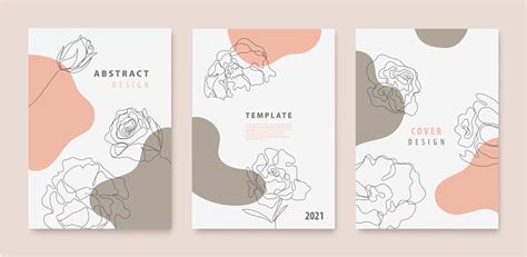 연속 라인 꽃 나뭇잎 덮개 배너 포스터 카드 소셜 미디어 이야기 전단지 디자인 템플릿의 벡터 세트 파도가 있는 트렌디한 디자인