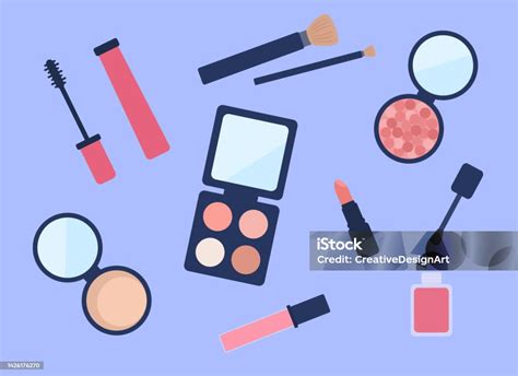 메이크업 데스크의 하이 앵글 뷰 아이 섀도우 마스카라 립스틱 라일락 배경의 파우더 콤팩트 및 메이크업 브러쉬 메이크업 화장품에 대한 스톡 벡터 아트 및 기타 이미지 Istock