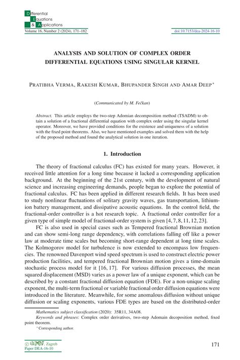 Pdf Analysis And Solution Of Complex Order Differential Equations Using Singular Kernel
