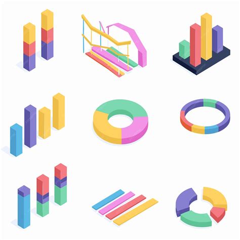 Various 3d Isometric Infographic Elements Featuring Colorful Bar Graphs Pie Charts Line Graph