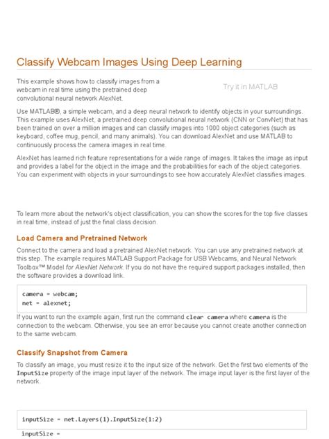 Classify Webcam Images Using Deep Learning Matlab And Simulink Pdf Artificial Neural Network