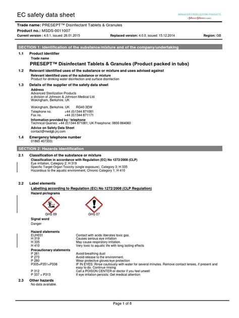 Ec Safety Data Sheet Presept™ Disinfectant Tablets And Granules Product