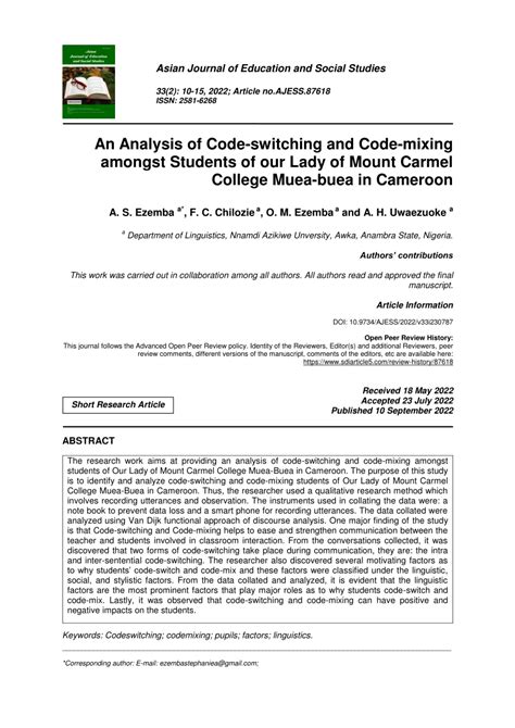 (PDF) An Analysis of Code-switching and Code-mixing amongst Students of our Lady of Mount Carmel ...