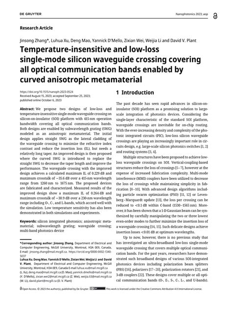 Pdf Temperature Insensitive And Low Loss Single Mode Silicon Waveguide Crossing Covering All