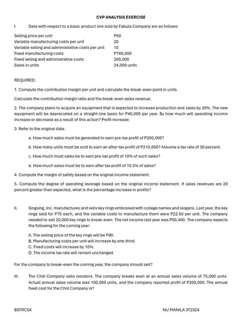 Cvp Analysis Exercise Pdf Business Economics Financial Accounting