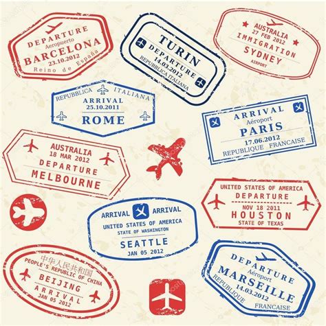 다채로운 가상 비자 스탬프 세트입니다 국제 비즈니스 여행 컨셉입니다 상용 비자 스탬프 스탬프 세트 여권