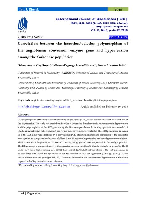 Pdf Correlation Between The Insertiondeletion Polymorphism Of The Angiotensin Conversion
