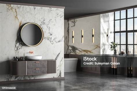 현대 고급 욕실 흰색 대리석 벽 욕조 콘크리트 바닥 실내 식물 측면 전망 빛에 대한 스톡 사진 및 기타 이미지 빛 화장실 건축물 3차원 형태 Istock