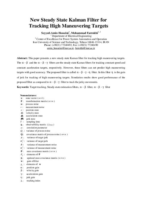 Pdf New Steady State Kalman Filter For Tracking High Maneuvering Targets