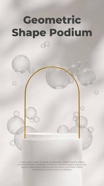 플로트 거품과 금색 아치가 있는 세로 레이아웃 3d 렌더링 모형 템플릿 흰색 연단 프리미엄 Psd 파일
