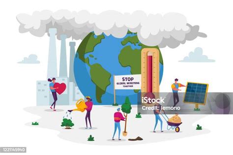 지구 온난화 개념 연기 방출 공장 파이프와 지구상의 식물의 문자 관리 온도계는 고온을 보여줍니다 먼지 공기 오염 Co2 가스