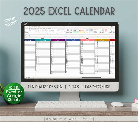 2025 Excel Calendar Monthly Calendar 2025 Year Planner 2025 Editable Excel And Google