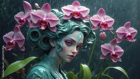 Beautiful Floral Female Nymph Under Rain Fantasy Art Concept Stock