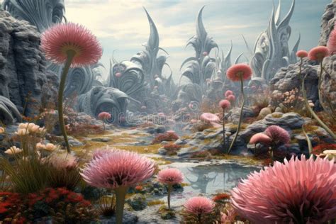 An Alien Planet Landscape With Bizarre Flora And Fauna Stock
