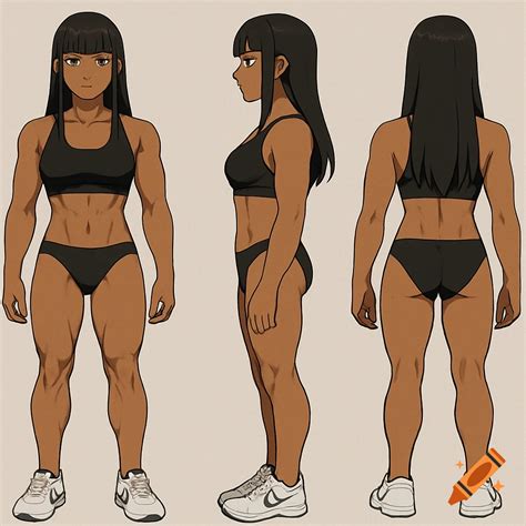 Character Turnaround Sheet Featuring An Athletic Anime Woman In A Black