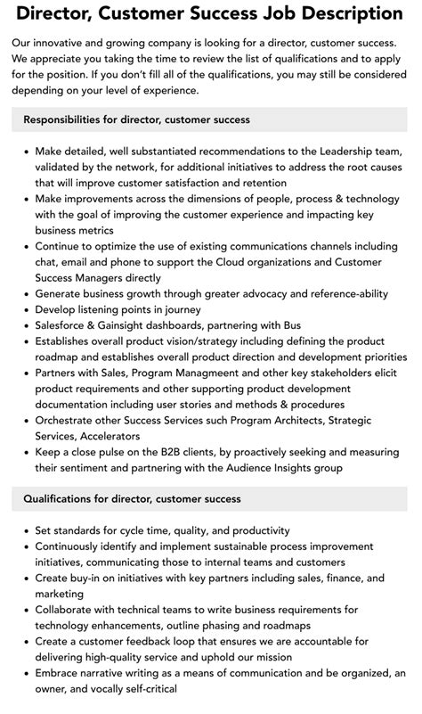 Director Customer Success Job Description Velvet Jobs