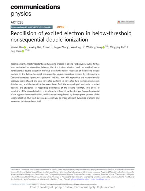 Pdf Recollision Of Excited Electron In Below Threshold Nonsequential Double Ionization