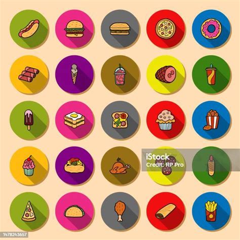 긴 그림자가 있는 둥근 평평한 밝은 접시에 있는 벡터 패스트푸드 아이콘 세트 0명에 대한 스톡 벡터 아트 및 기타 이미지 0명 감자 요리 건강에 좋지 않은 음식