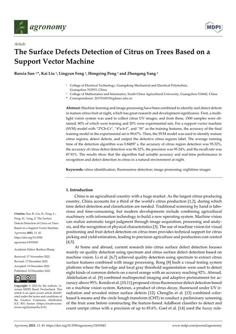 Pdf The Surface Defects Detection Of Citrus On Trees Based On A Support Vector Machine