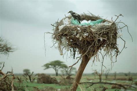 Bird Nest Built Of Trash Atop Tree Branch Depicts Pollution Environmental Issues Stock Image