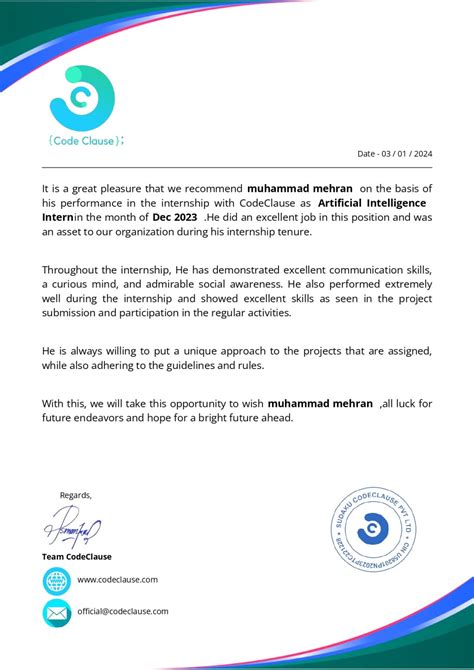 Appreciating Codeclause Recommendation For Ai Internship Muhammad Mehran Posted On The Topic