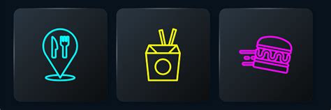 세트 라인 카페와 레스토랑 위치 온라인 주문 햄버거 배달 및 아시아 국수 젓가락 검은 색 사각형 버튼 벡터 0명에 대한 스톡