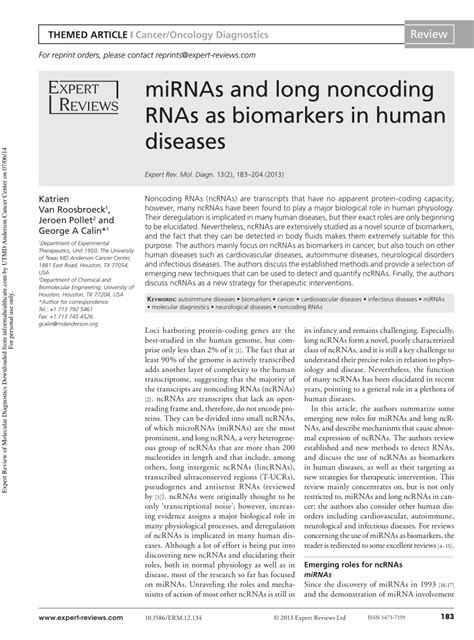 Pdf Mirnas And Long Noncoding Rnas As Biomarkers In Human Diseases