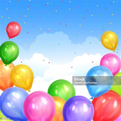 현실적인 다채로운 헬륨 풍선 하늘 배경에 고립의 테두리입니다 생일 기념일 축 하 파티 장식 프레임 벡터 일러스트입니다 풍선에 대한 스톡 벡터 아트 및 기타 이미지 Istock