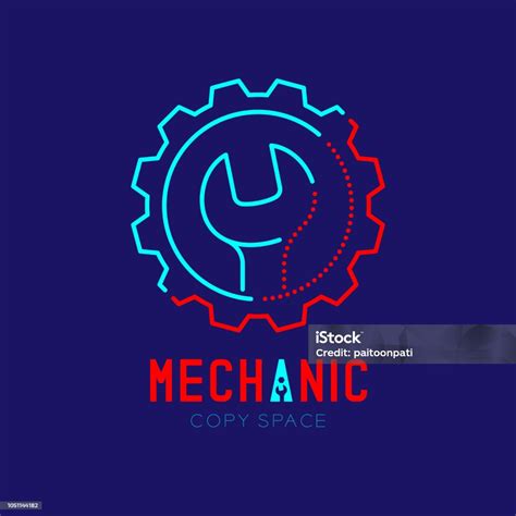 정비사 로고 아이콘 기어 프레임 개요 스트로크 설정된 대시 라인 디자인 그림 정비공 텍스트와 복사 공간 벡터 Eps 10와