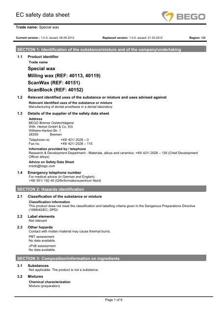 EC Safety Data Sheet Bego Canada