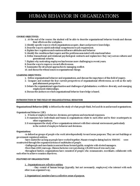 Human Behavior In Organizations Pdf Organizational Behavior