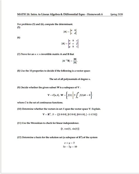 SOLVED MATH 24 Intro To Linear Algebra Differential Egns Homework 6