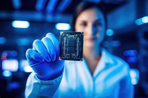Engineer In Lab Holding A Microprocessor In Hands In Latex Gloves In A