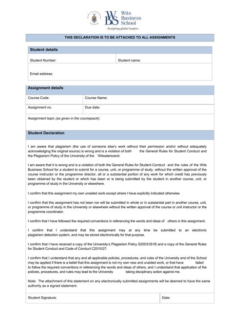 Wbs Assignment Plagiarism Declaration