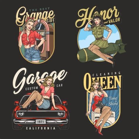 Pinup Girls Colorful Set Sticker Royalty Free Vector Image