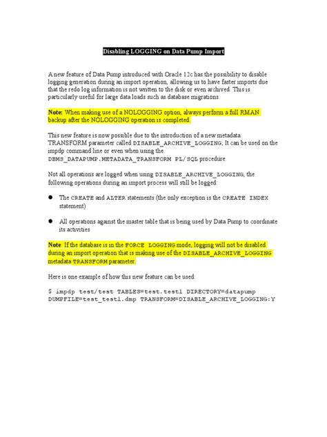 oracle 12c disabling logging on data pump import pdf computers