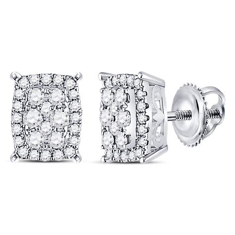 14kt White Gold Womens Round Diamond Rectangular Cluster Earrings 14