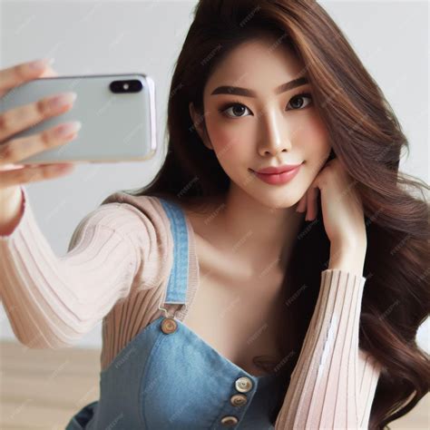 Premium Photo Asian Girl Standing And Taking A Selfie