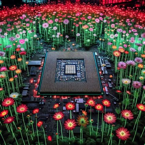 A Computer Processor Chip Surrounded By Glowing Flowers Representing The Intersection Of Nature