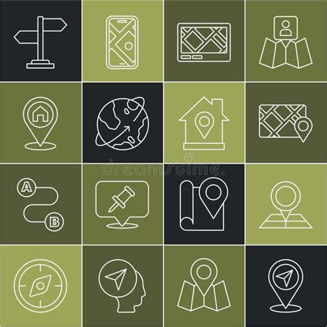 Set Line Map Pin Folded Map With Location Marker Gps Device Satellites Orbiting The Earth