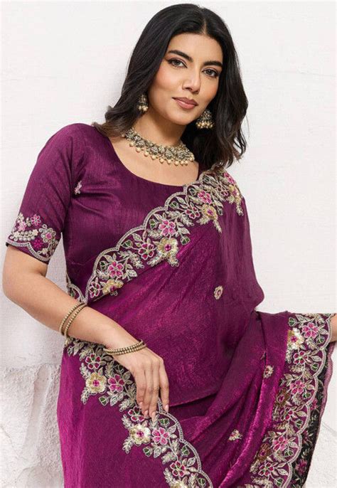 Buy Embroidered Chinon Chiffon Saree In Violet Online Spta16115